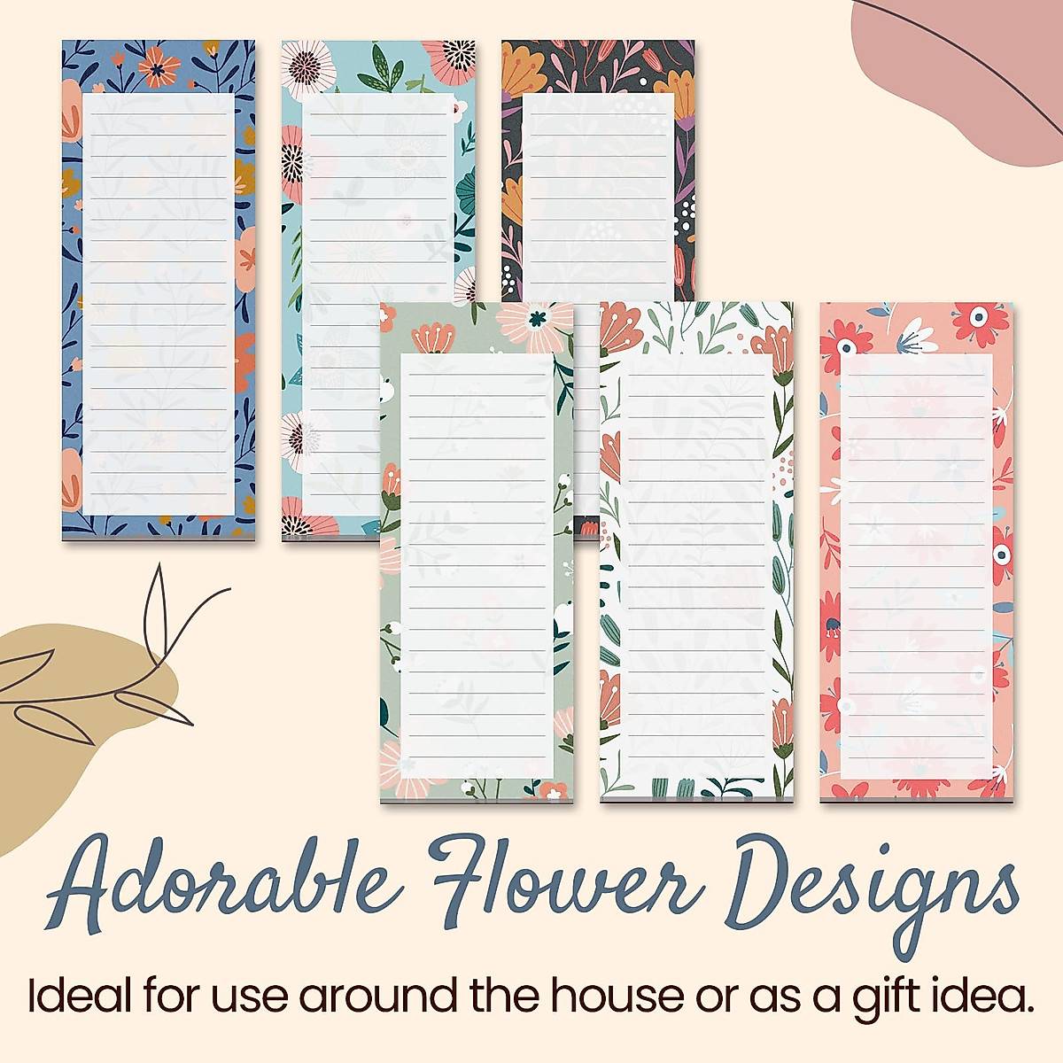 Grocery List Magnet Pad for Fridge, 6-Pack Magnetic Note Pads Lists, 60 Sheets Per Pad, 6 Cute Floral Designs, Full Magnet Back To-Do-List Notepads