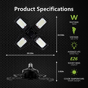 Pinegreen Lighting Led Garage Light, 100w 12000lm Garage Ceiling Lights, 6500k E26/E27 Led Shop Light with 4 Adjustable Panels for Garage Workshop Warehouse Basement High Bay Light