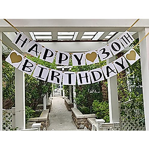 Happy 30th Birthday Banner - Gold Hearts and Ribbon - Birthday Decorations