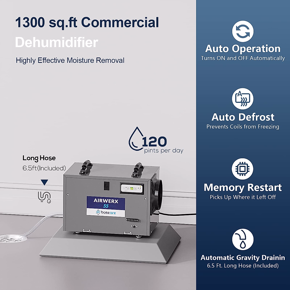 BaseAire 113 Pint Commercial Dehumidifier with Drain Hose for Crawl Spaces, Basements, Whole House, Compact, Portable, Auto Defrost, Memory Starting, 5 Years Warranty, Commercial Industrial Home Use