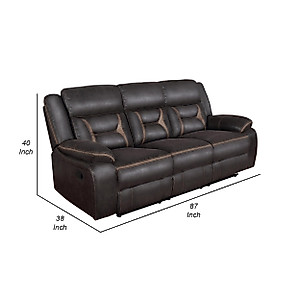 Benjara 87 Inch Sofa, Manual Motion Recliner, 2 AC and 2 USB, Brown Faux Leather