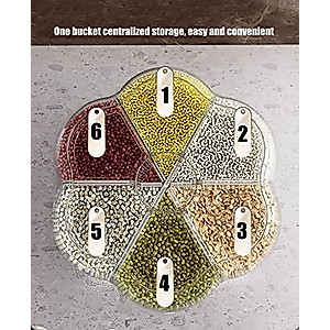 6-Grid Round Rice Dispenser 360° Rotating Food Bucket Transparent Rice Storage Container Rotatable Dry Food Fruit Cereal Storage Box Tank for Home Kitchen