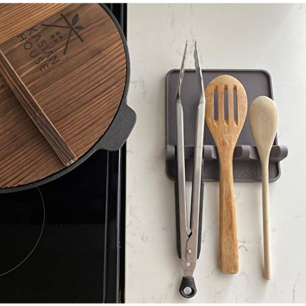 Silicone Utensil Rest by Kasian House - Extra Large Kitchen Spoon Rest with Drip Pad, Utensils Holder for Spoons, Spatulas, Ladles, Tongs & BBQ, BPA-Free, Heat-Resistant & Dishwasher Safe (Grey)