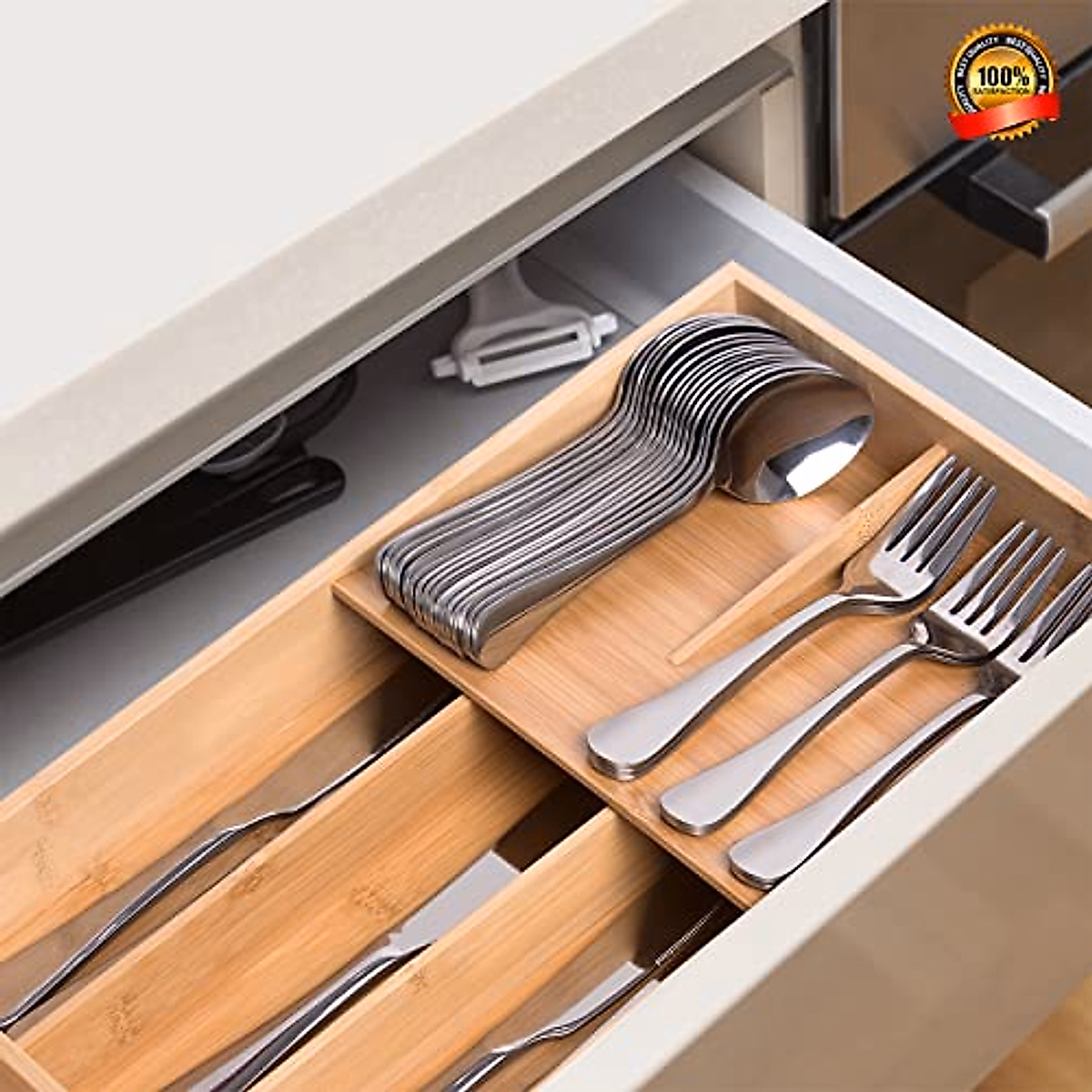 guiogc Medium double layer Bamboo Silverware Organizer, Kitchen Silverware Drawer Organizer, Utensil Tray Holder, Cutlery Tray for Spoons, Forks, Knives
