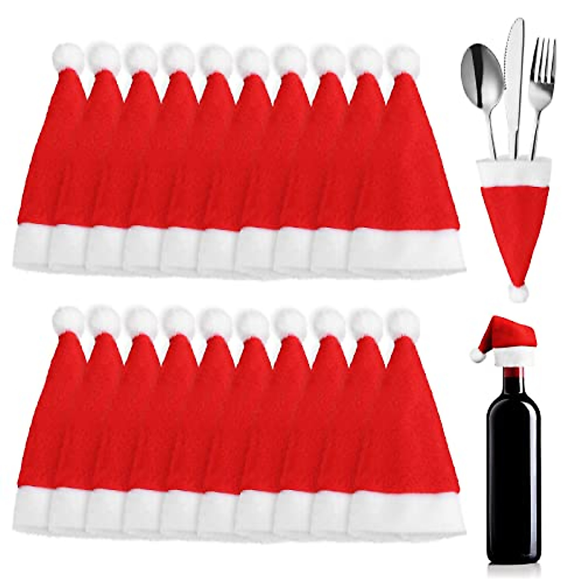 cobee 20 Pcs Christmas Cutlery Holders, Christmas Santa Hats Silverware Holders, Xmas Hat Tableware Cutlery Bags Christmas Pocket Knifes Forks Holders Dinnerware Decorations for Home Party