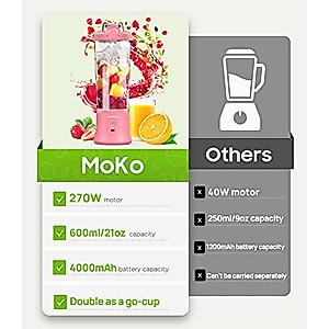 MoKo Portable Blender, 270 Watt Personal Blender for Shakes and Smoothies,21OZ Personal Blender USB Rechargeable with 6 Blades, BRA Free, Smoothie Blender for Kitchen Sports Travel and Outdoors, Pink
