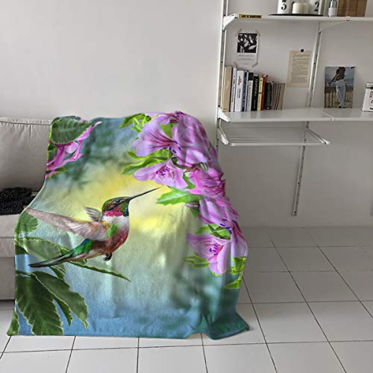 Greeeen Plush Fleece Throw Blanket | Fuzzy, Soft, Warm, Cozy, Reversible Blanket for Bed Couch Sofa Chair Travel- 39" x 49", Purple Flowers and Hummingbirds Spring Theme