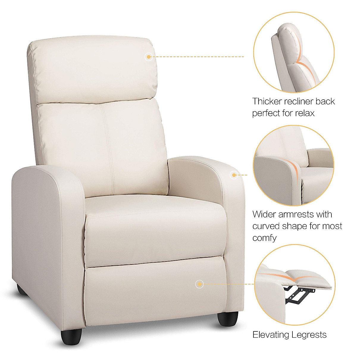 Topeakmart Single Recliner Chair Padded Seat PU Leather Recreation Room Sofa Reclin Home Theater Chair (Beige)