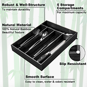 Conflech Silverware Organizer 10 Inch Bamboo Kitchen Drawer Organizer Utensil Organizer Silverware Holder Cutlery Organizer in drawer Flatware Organizer Tray Black