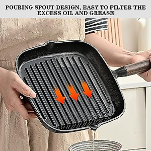 JUSTUP Cast Iron Square Grill Pan, Nonstick Grill Pan with Pour Spouts, Pre-Seasoned Ridged Skillet with Heat Resistant Handle, Cooking Pan for Steak, Egg, Bacon,PFOA Free (Black)
