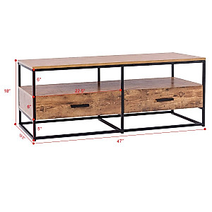 Giantex Coffee Table Two Tiers W/Drawers Storage Metal Solid Frame, Natural Wood Decorative Line Pattern, for Living Room Bedroom Accent Cocktail Sofa Side Table