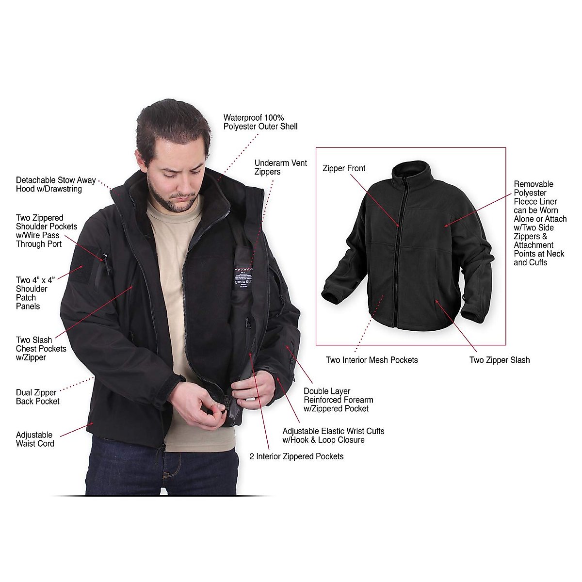 Rothco 3-in-1 Spec Ops Soft Shell Jacket - Ultimate Weather Defense with Removable Fleece Liner - Black - M
