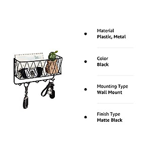 OROPY Entryway Mail Holder with Key Hooks, 11.0" L×2.6" W×5.1" H, Wall Mounted Matte Black Metal Wire Mesh Storage Basket with 5 Hooks, Easy to Organize Letters, Magazines, Keys, Leashes for Entryway