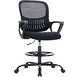 MCQ Drafting Chair with Fixed Armrests and Foot-Ring, Tall Office Chair for Standing Desk Adjustable Height Office Desk Chair for Home Office, Breathable Mesh Swivel Rolling Tall Chair Black
