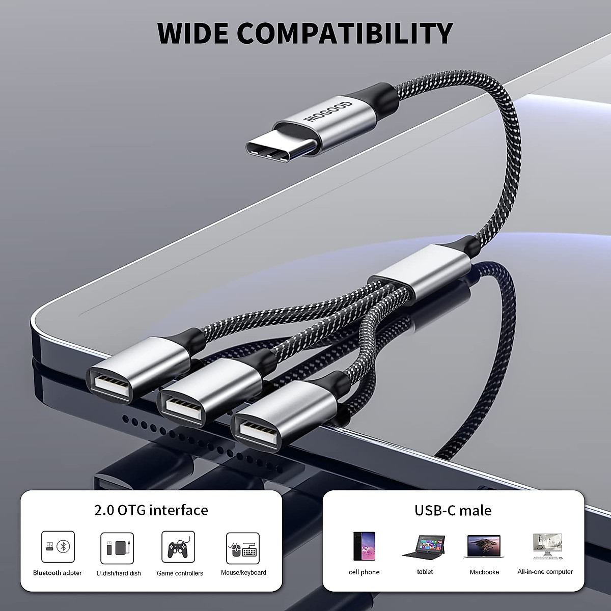 USB C Male to Three USB Female Cable,USB c Splitter to USB USB c Splitter Audio and Charging Type C to 3 Type A 2.0 Port Splitter Multi Hub for MacBook,iPad Pro Air,Microsoft Surface Go,PC,Laptop