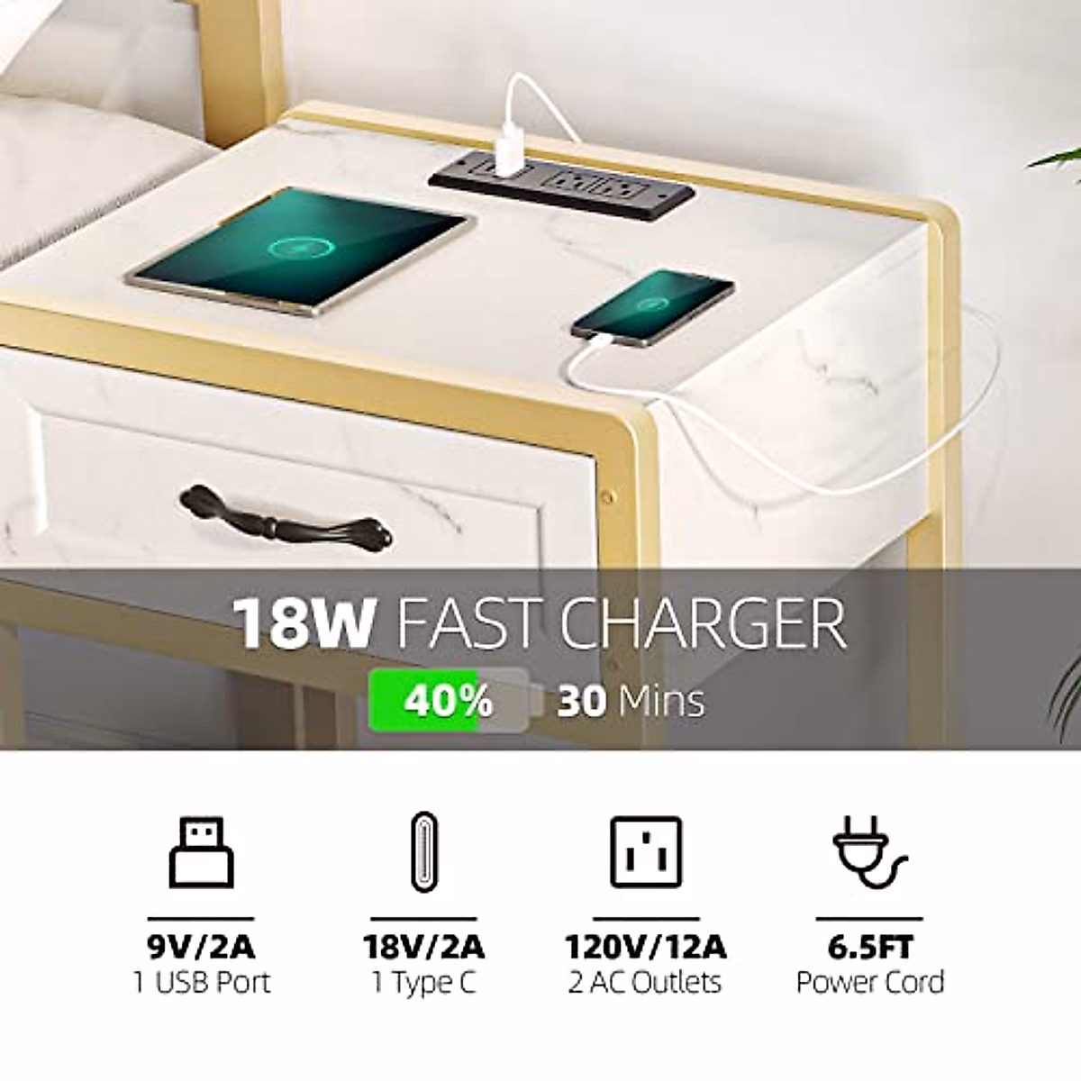 IDEALHOUSE Nightstand, White and Gold Night Stand with Charging Station, Side Table Bedside Table with Drawer, End Table with Storage Shelf for Bedroom, Living Room, Dorm (White(1 Pack))