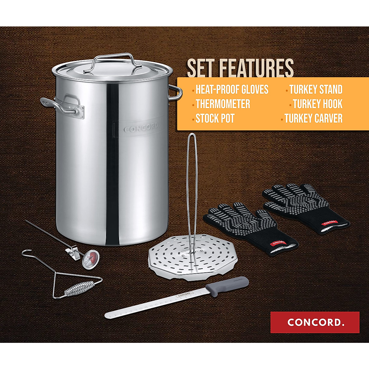 CONCORD Heavy Duty Stainless Steel Turkey Fryer Kit with Rack, Slicer, Hook, Thermometer, and heat proof gloves. Also great for Seafood Boil, Crawfish Boil, and more (Turkey Fryer Kit)