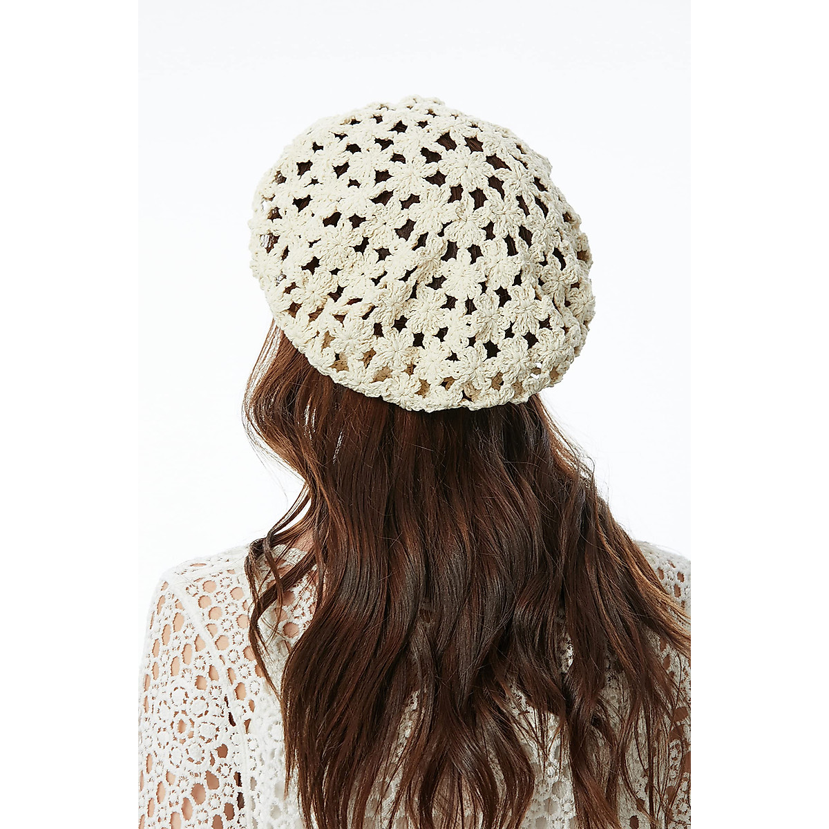 ZLYC Women Cotton Slouchy Crochet Beret Handmade Cutout Floral Beanie Hat (Beige)