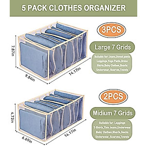 Wardrobe Clothes Organizer, 7 Grids Drawer Organizers for Clothing, Bedroom clothes organizer for folded clothes, Closet Organizers and Storage Baskets for Pants,T-Shirts, Jeans (5 Pack 2M+3L)