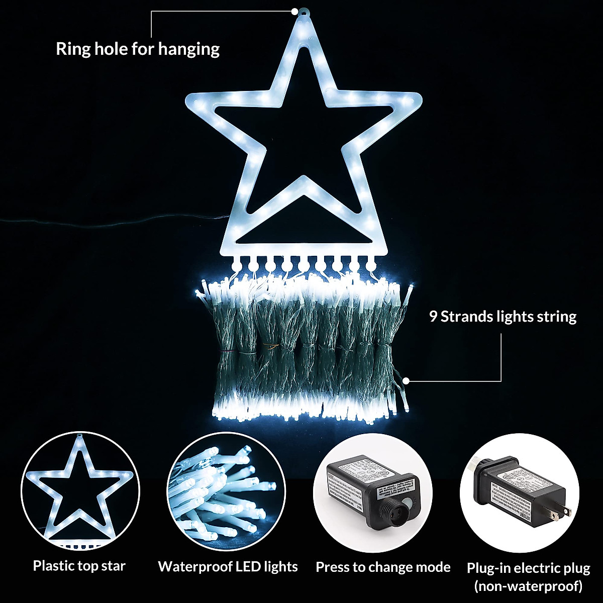 MESHUBA Star String Lights Outdoor Patio Decoration 317 LED Waterfall Christmas Tree Lights Indoor Outside Decoration Lights for Party, Yard, Garden, Holiday, Home Décor, White