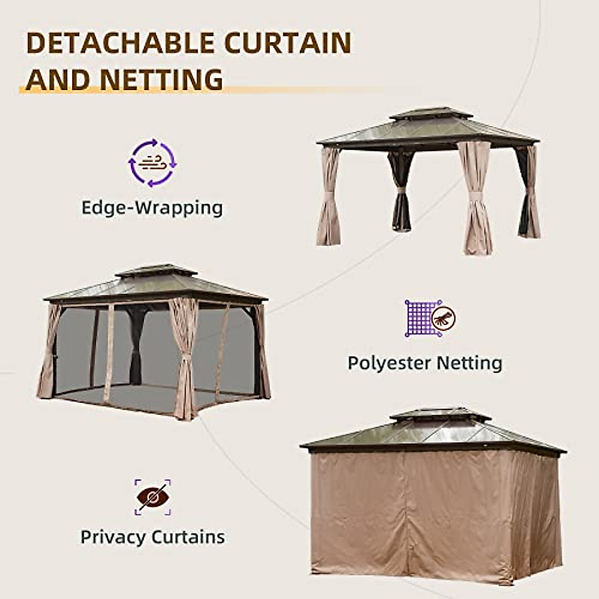Domi 10' X 12' Hardtop Gazebo, Permanent Outdoor Gazebo with Polycarbonate Double Roof, Aluminum Gazebo Pavilion with Curtain and Net for Garden, Patio, Lawns, Deck, Backyard