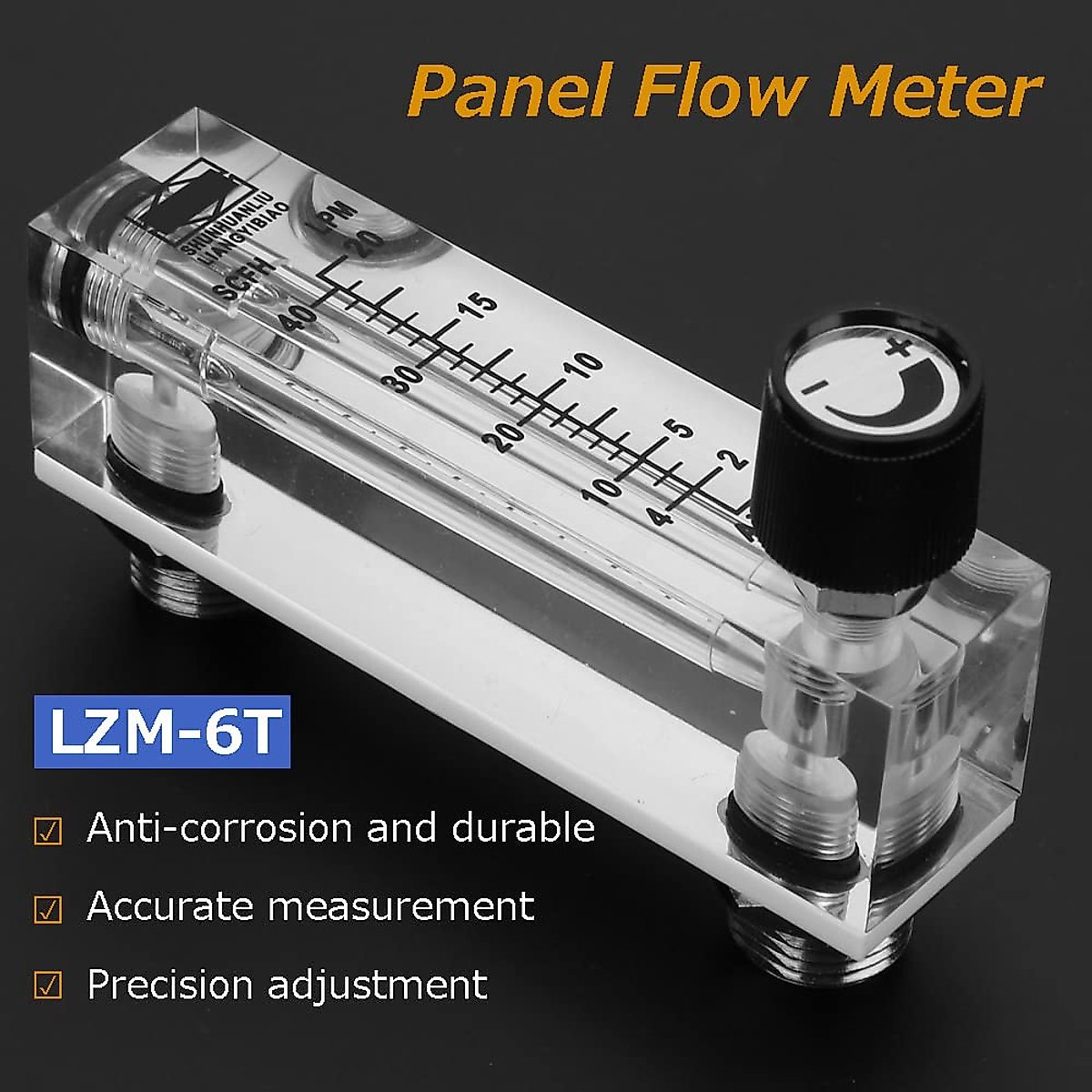 Gas Flowmeter, LZM-6T 2-20LPM/4-40SCFH Pipe Gas Flow Meter with Adjustable Control Valve, Female 1/4" BSPT Thread Interface Panel Mount Type Flowmeter for Oxygen Air Gas