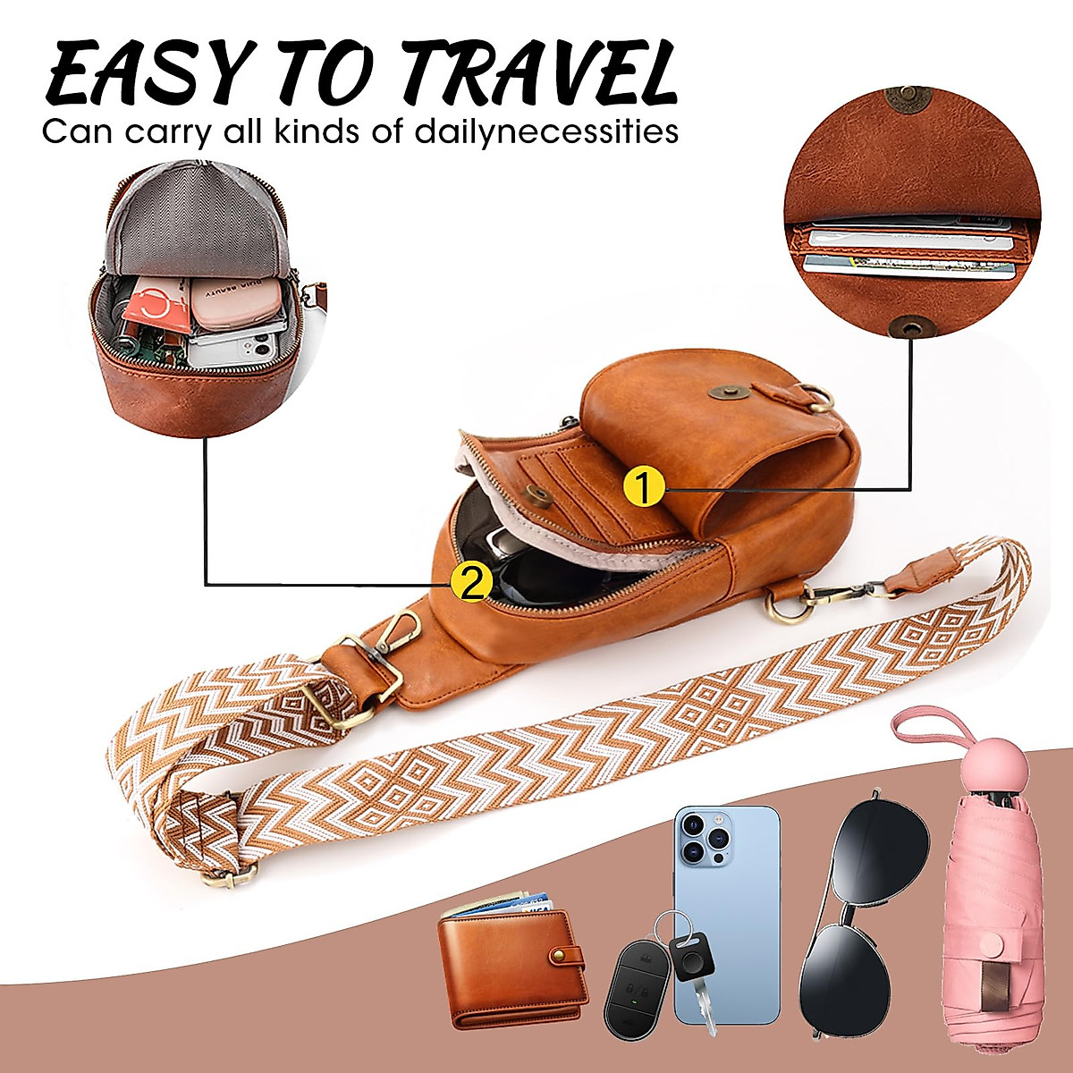 KlaOYer Sling Leather Bags For Women Crossbody Small Fanny Pack Purses Chest Bags With Guitar Strap For Gril Lady(Peach-Khaki)