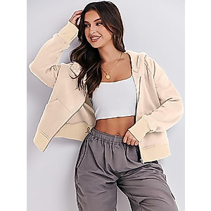 ANRABESS Women's Cropped Hoodies 2023 Fall Plain Jacket Cute Teen Girl Athletic Tops Ribbed Knit Casual Long Sleeve Fleece Sweatshirts Zip Up Hippie Clothes Thumb Hole A1015shenkaqi-S Apricot