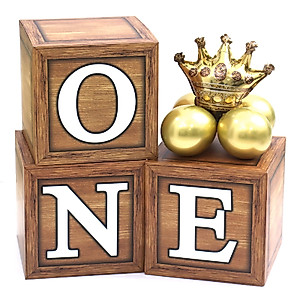 First Birthday Boxes Party Decorations 3 Wood Grain Brown blocks with ONE Letter, Printed Letters,First Birthday Centerpiece Decor, Teddy Bear Baby Shower Supplies, 1 Year Old Birthday Decorations