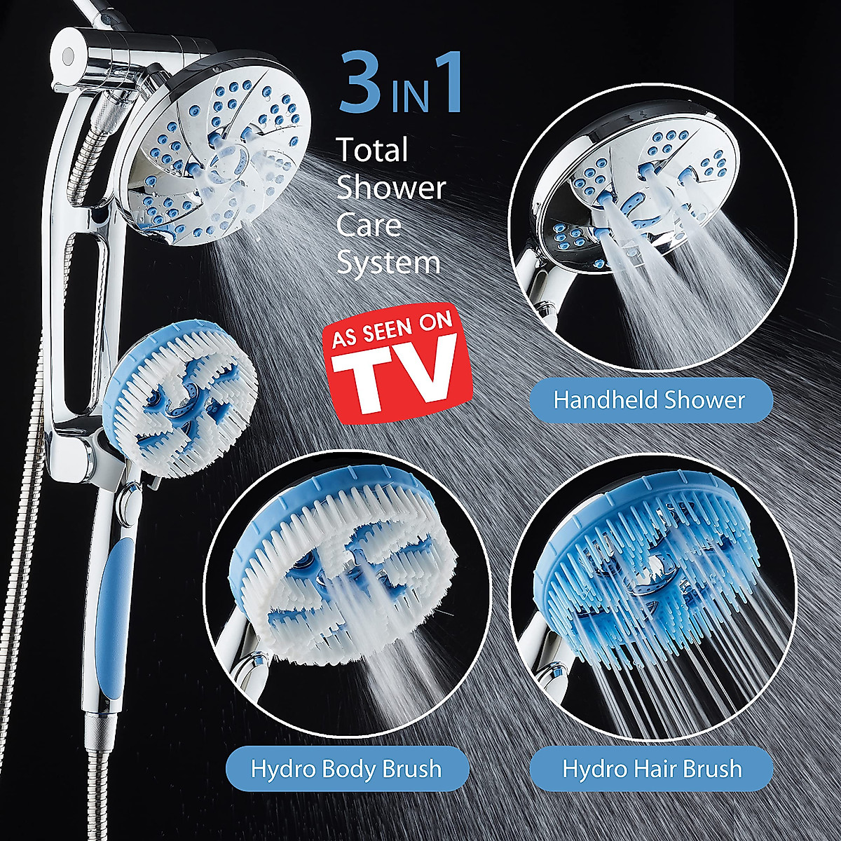High Pressure 6-in-1 Aquassage by AquaCare - 76-mode 3-way Combo, Showerhead, Hand Shower, Body Brush, Hair Brush & Arm in One! Two Brackets, Extra-long 6 foot Stainless Steel Hose, Brush Head Holder