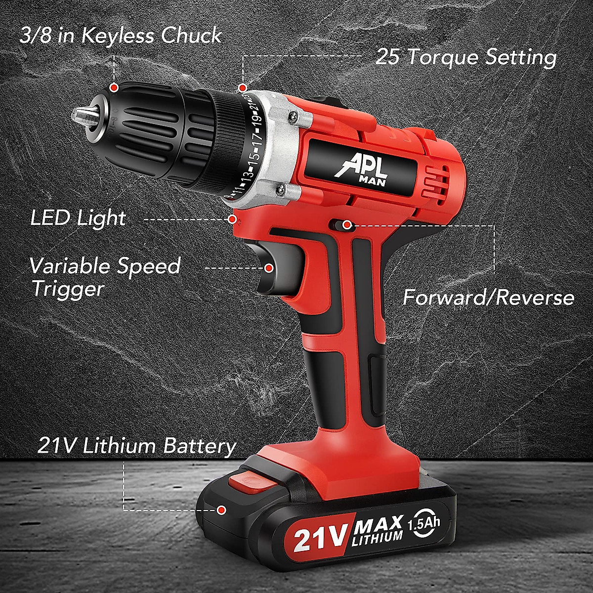 APLMAN Cordless Drill 21V with with Battery Electric Drill Kit 26pcs Accessories 3/8" Drill set All-Metal Chuck 25+1 Torque Setting,2 Variable Speed and LED