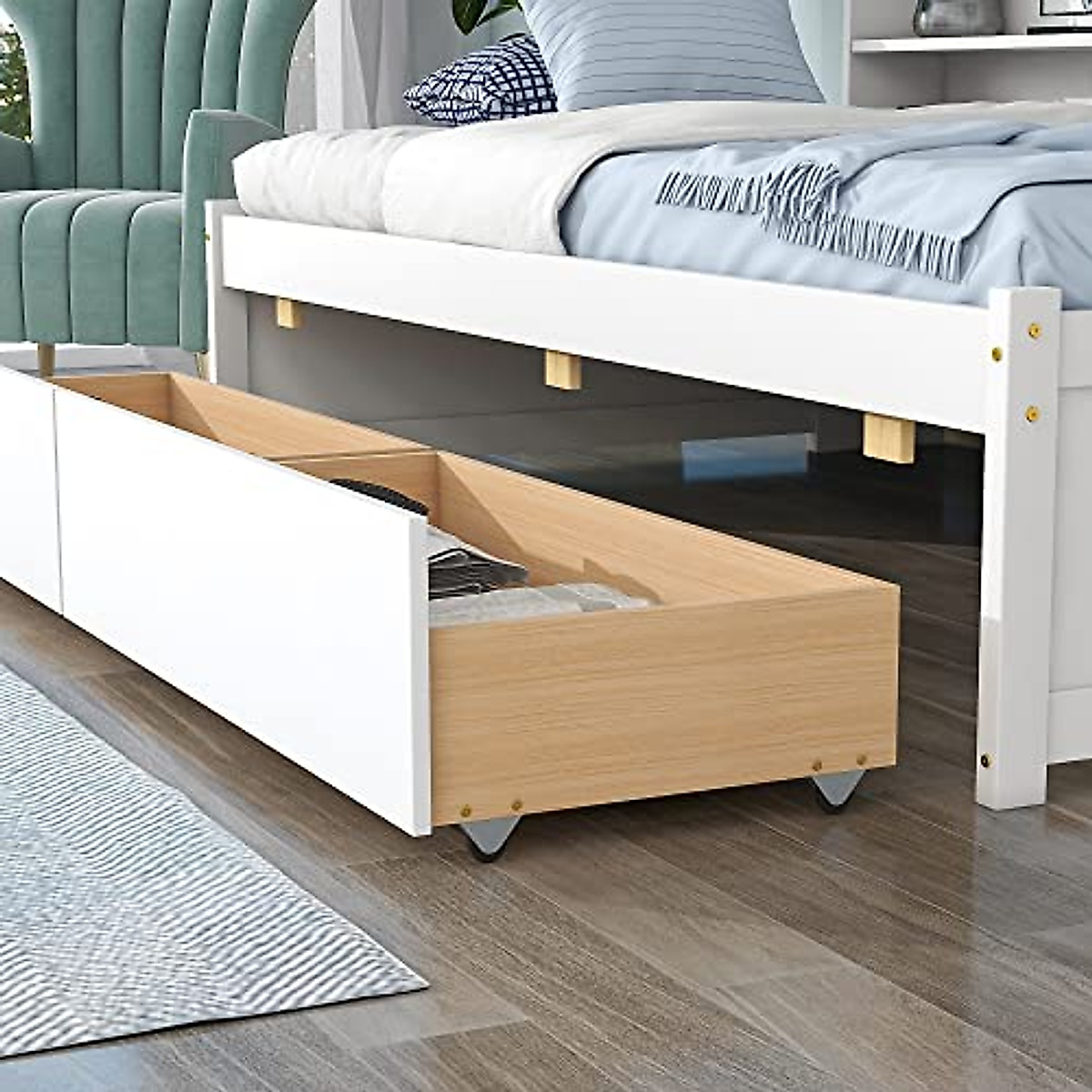 HomSof Twin Bed with Side Bookcase, Drawers,White
