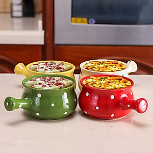 AVLA 4 Pack French Onion Soup Bowls with Handle, 20 Ounce Porcelain Soup Crock, Stackable Serving Bowl Bakeware for Soup, Beef Stew, Cereal, Chill, Microwave and Oven Safe, Polka Dot