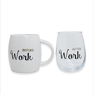 Coffee Mug Wine Gift Set, White Cup and Stemless Wine Glass Set for Coworker Best Friend Teacher Doctor Nurse Dentist Women Men Graduation Wedding Birthday Present Secret Santa Holiday (Work)