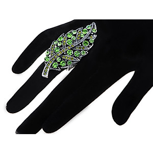Alilang Womens Silvery Tone Emerald Peridot Green Crystal Rhinestone Leaf Stretchy Adjustable Ring