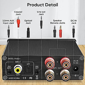 Saiyin Mini Bluetooth Amplifier Home Audio for Speakers, 2×80W 2.1 Channel Digital Class D Integrated Amp with 24-Bit 192kHz DAC and Optical Coaxial AUX Headphone Line Out Jack