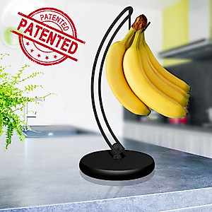 Signice Banana Holder Stand - Newest Patented Modern Banana Tree Hanger with Wood Base Stainless Steel Banana Rack for Home Kitchen Use,Doesn't Tip Over (Full Black)