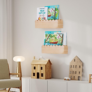 Zouboat Scalloped Floating Nursery Bookshelves for Wall Set of 2,Natural Wood Wall Bookshelf for Kids Rooms, Preassembled Baby Bookshelf,Hanging Storage Shelves (Burlywood)