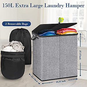 Pheswisom 150 L Extra Large Laundry Hamper with Lid, Double Laundry Hamper 2 Section with Removable Bags, Dirty Clothes Hamper for Storage Sorter, Dual Laundry Hamper for Bedroom, College, Dorm, Grey