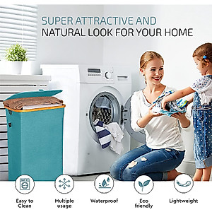 Royal Assad Large Collapsible Laundry Hamper with Lid - Foldable Bamboo Laundry Basket with 2 Removable Bags for Clothes, Towels, Bedroom, Bathroom - 27.2 Gallons (103L) - Light Teal