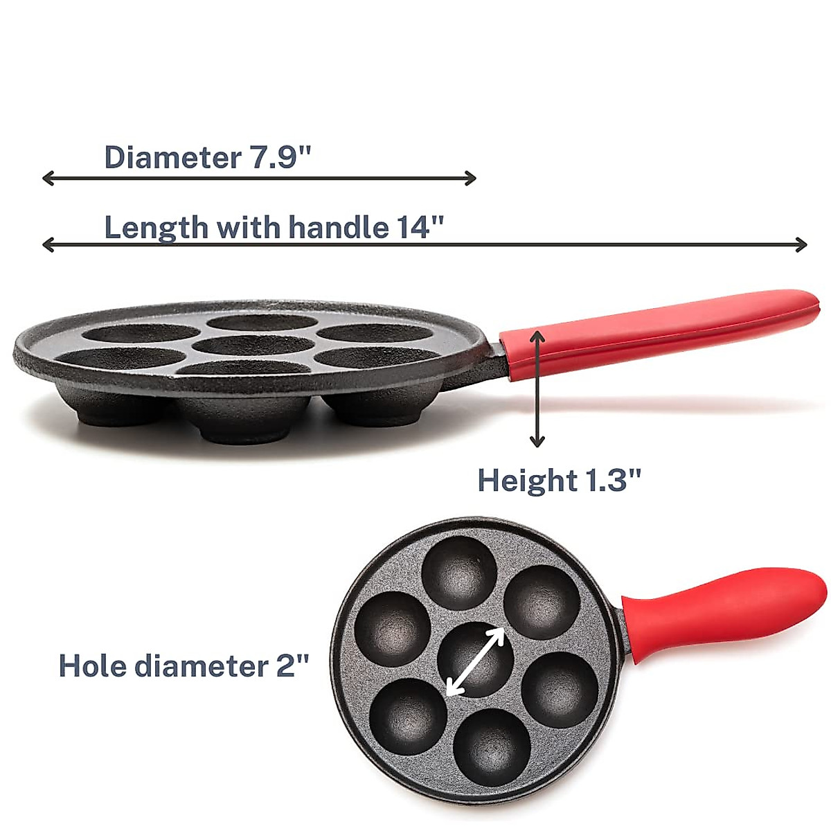 KUHA Cast Iron Aebleskiver Pan for Authentic Danish Stuffed Pancakes - Complete with Bamboo Skewers, Silicone Handle and Oven Mitt