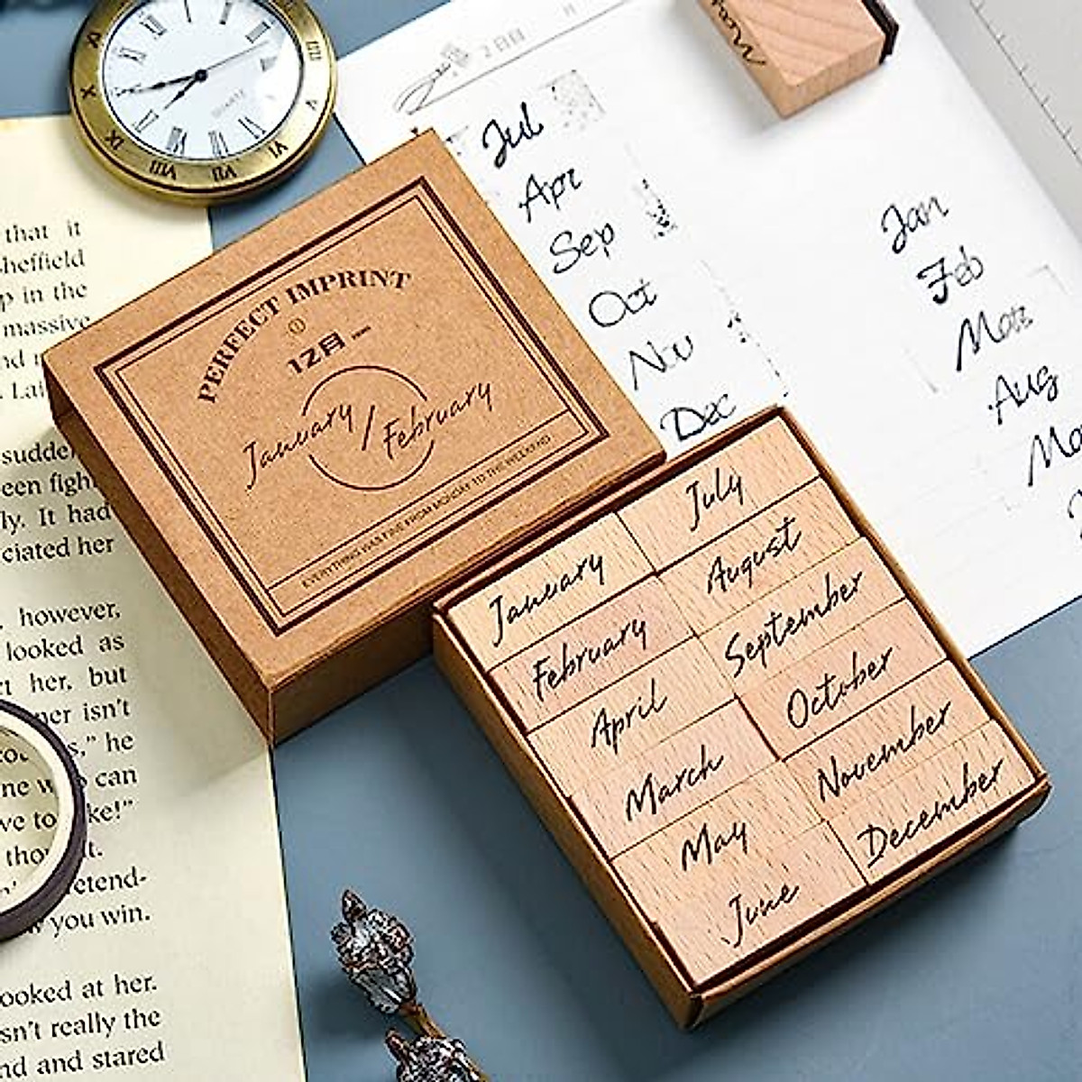 Operitacx Office Decor 24Pcs Month Stamp Decorative Stamp DIY Diary Stamp Journal Monthly Stamp Journal Wooden Stamp Wood Decor