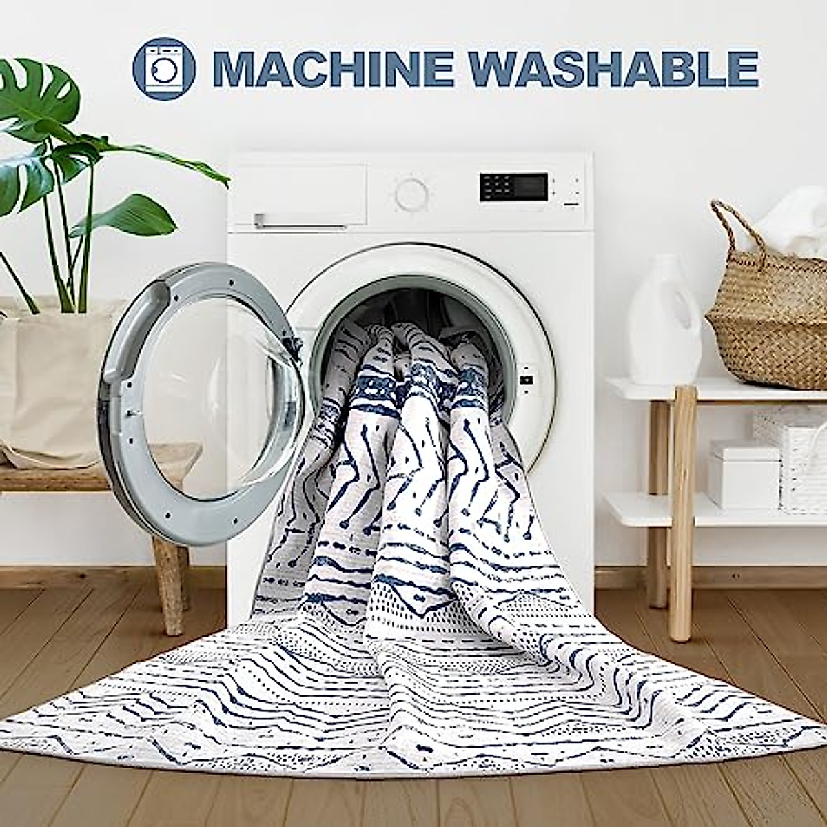 Area Rug Living Room Rugs - 9x12 Machine Washable Moroccan Geometric Neutral Soft Low Pile Stain Resistant Large Thin Rug Floor Carpet for Bedroom Under Dining Table Home Office - Navy Blue