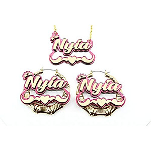 Name Necklace Plate Personalized Custom Nameplate and 1.5" Bamboo Gold Earrings With Swirls Heart and Crown on Top Jewelry Set Color Choice Laser Cut Gold Script Cursive Letters, Quality Gold Chain