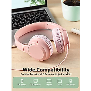 Calhuber Kids Headphones, K12 Foldable Children with Tangle-Free 3.5mm Jack Cord, Over-Ear Wired Headset for Children/Teens/Girls/Smartphones/School/Kindle/Airplane Travel/Plane/Tablet (Pink)