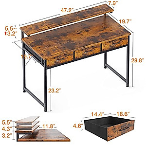 ODK 47 inch Small Computer Desk with Fabric Drawers, Home Office Desk with Adjustable Monitor Stand, Modern Work Study Writing Table Desk, Vintage