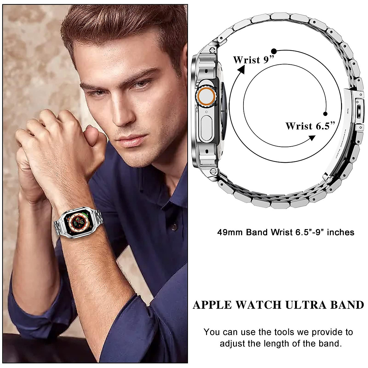 SUPLINK Stainless Steel Case with Band Compatible with Apple Watch Ultra 2/1 49mm Metal Rugged Protector Cover for iWatch Men (Silver)