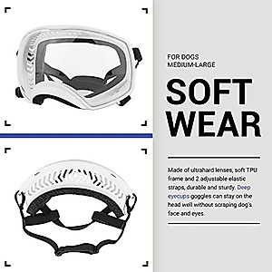NAMSAN Clear Dog Goggles Medium Large Dog Sport Sunglasses UV Protection Soft Pet Goggles Deep Eyecups Fog/Windproof Outdoor Eyewear for Medium-Large Dogs, White