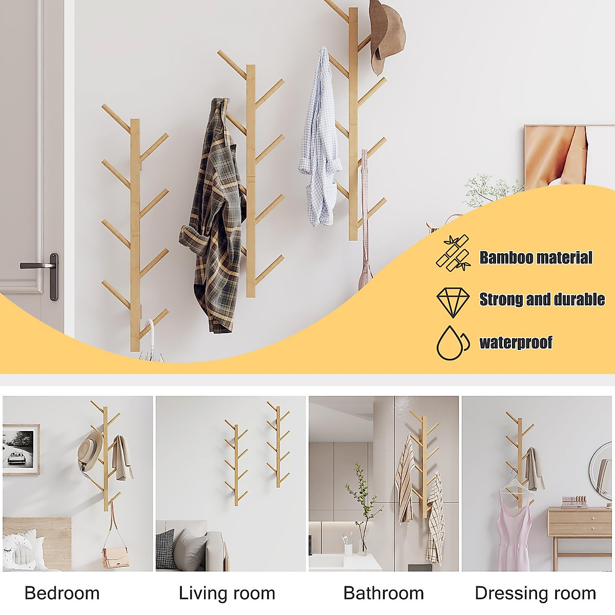 Furshus Coat Rack Wall Mount,Bamboo Vertical Hat Rack for Wall,Wall Coat Tree,Coat Hanger,Floating Coat Rack for Hats,Jackets,Bags,Entryway Bedroom (Natural)