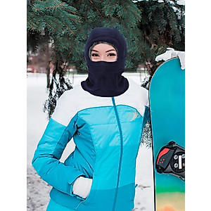 Winter Balaclava Hat Fleece Full Face Covering Scarf with Drawstring (Black, Navy Blue, 2)